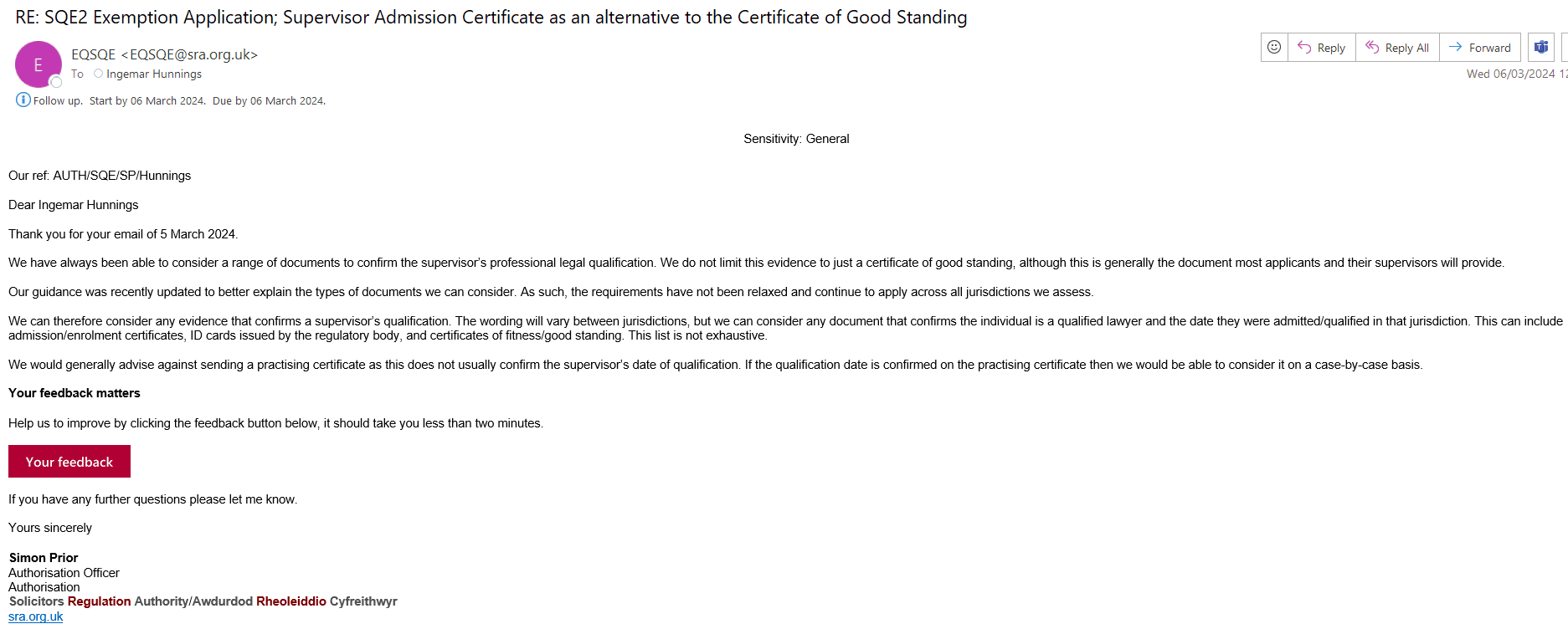 SQE2 Exemption: SRA Guidance: Supervisor's Qualification