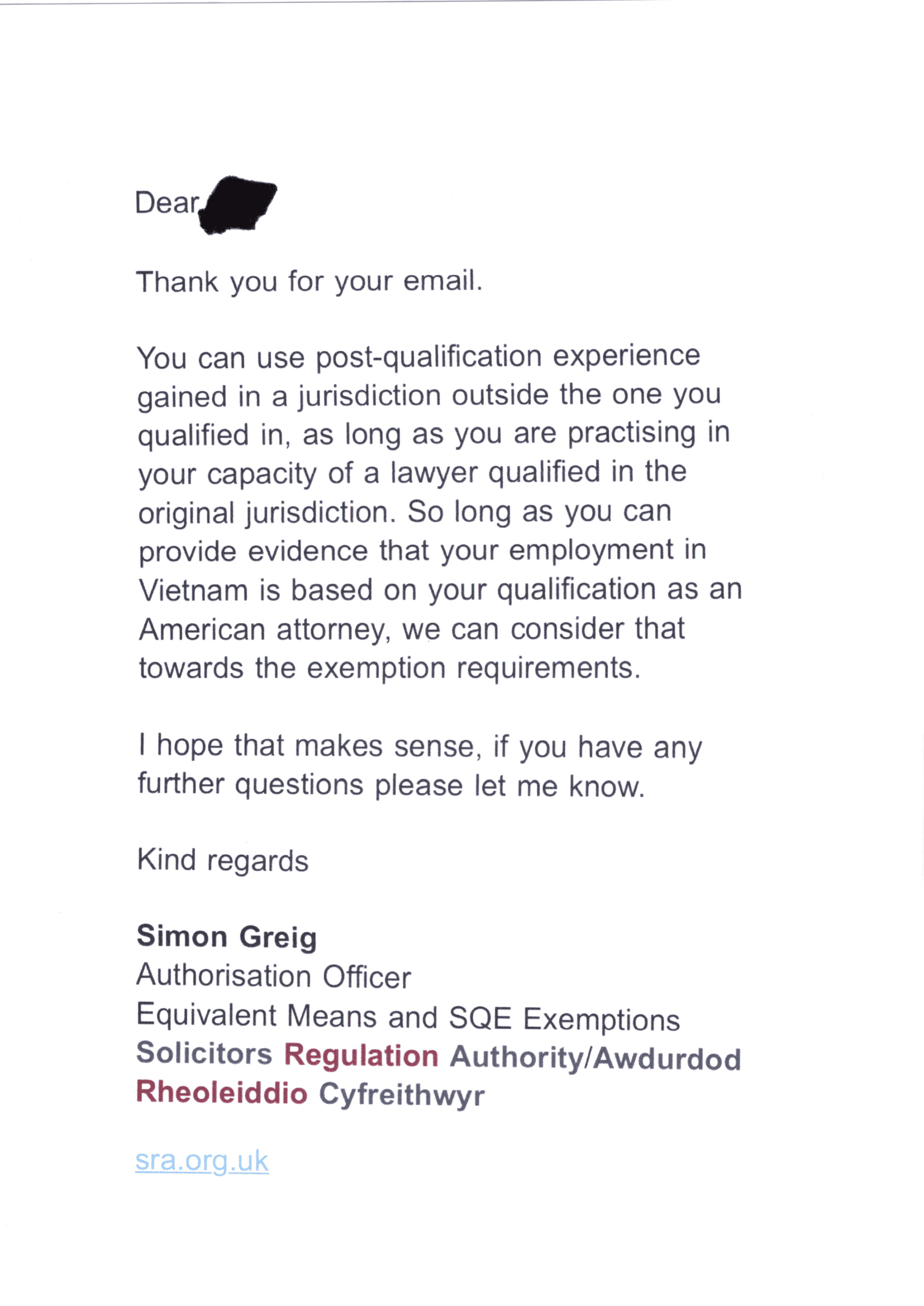 SQE2 Exemption - Legal Work - Clarification from the SRA